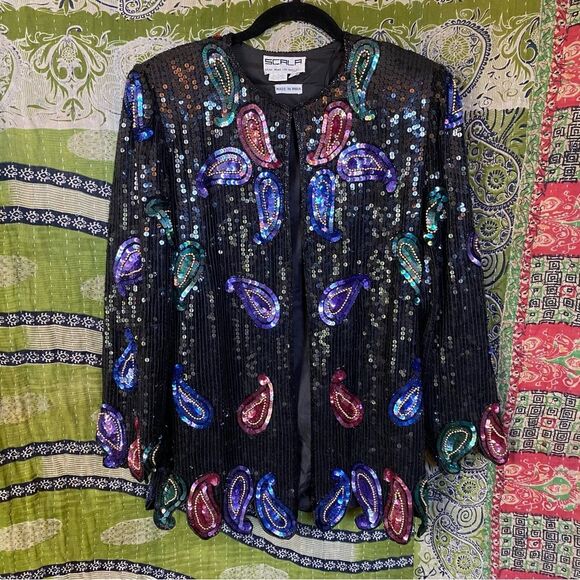 Scala | Jackets & Coats | Vintage Scala Black Sequined Beaded Silk ...